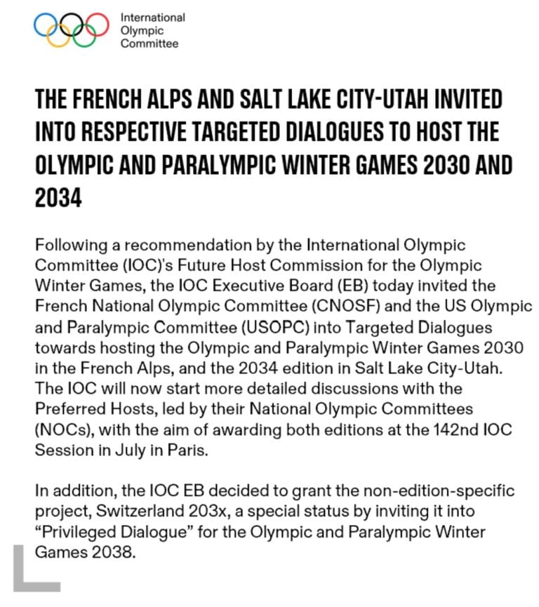 Salt Lake City named as preferred host for the 2034 Olympic Games - TownLift, Park City News