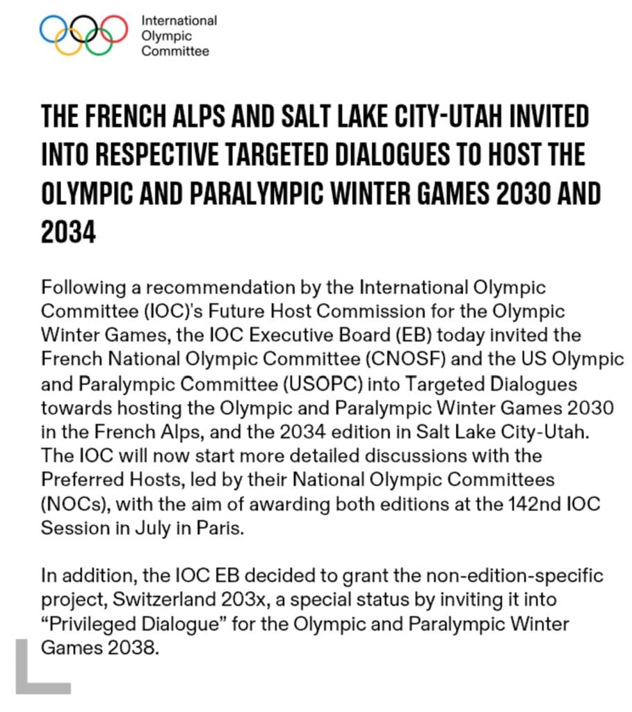 Salt Lake City named as preferred host for the 2034 Olympic Games - TownLift, Park City News